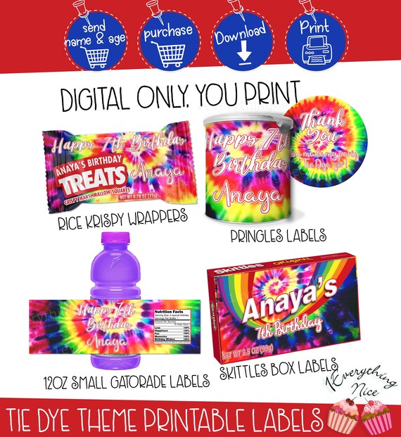 Tie Dye Theme Birthday Digital Printables Labels Personalized Bundle ...