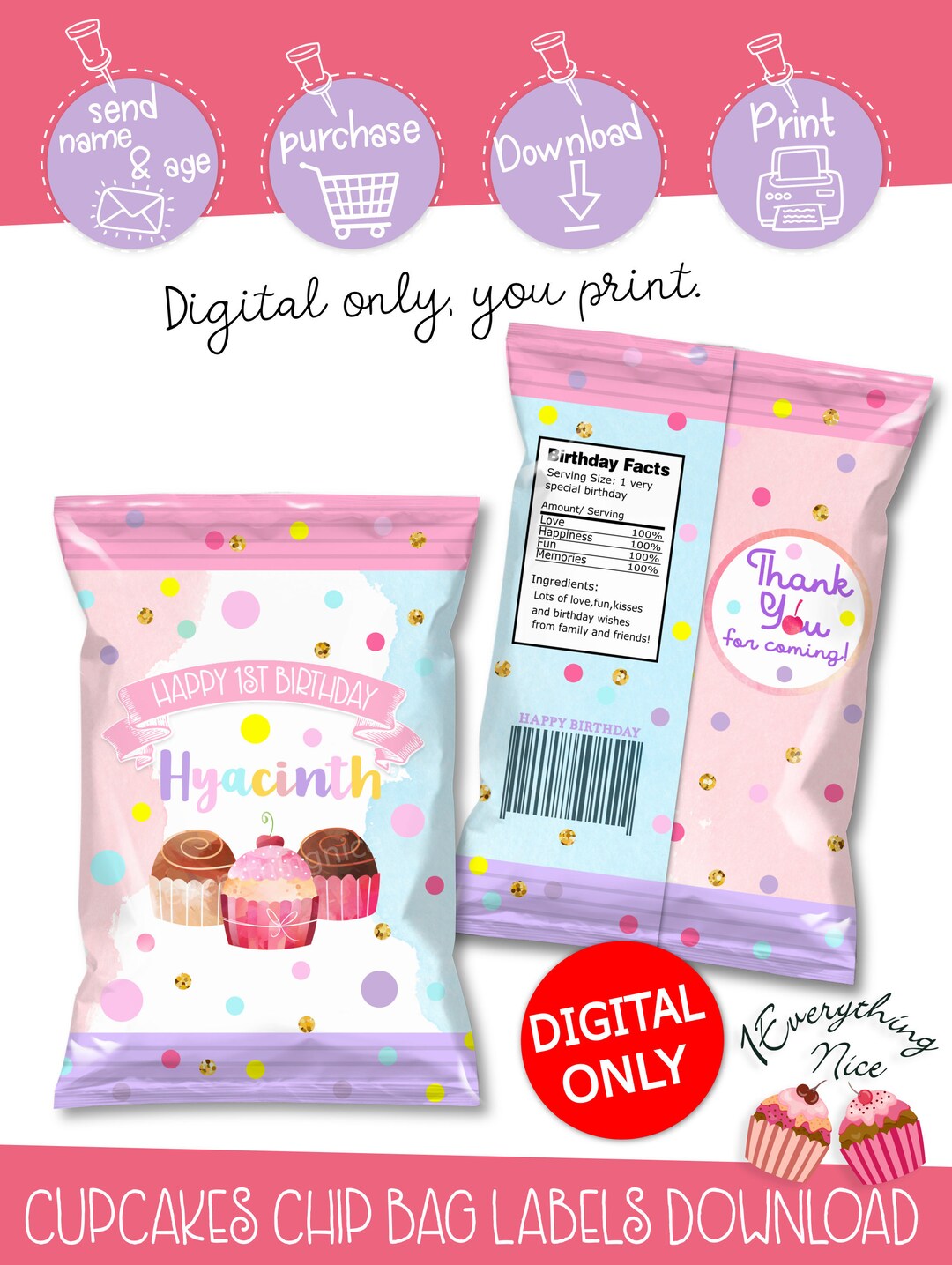 DIGITAL DOWNLOAD Cupcakes Theme Chip Bag Labels Printable Digital ...