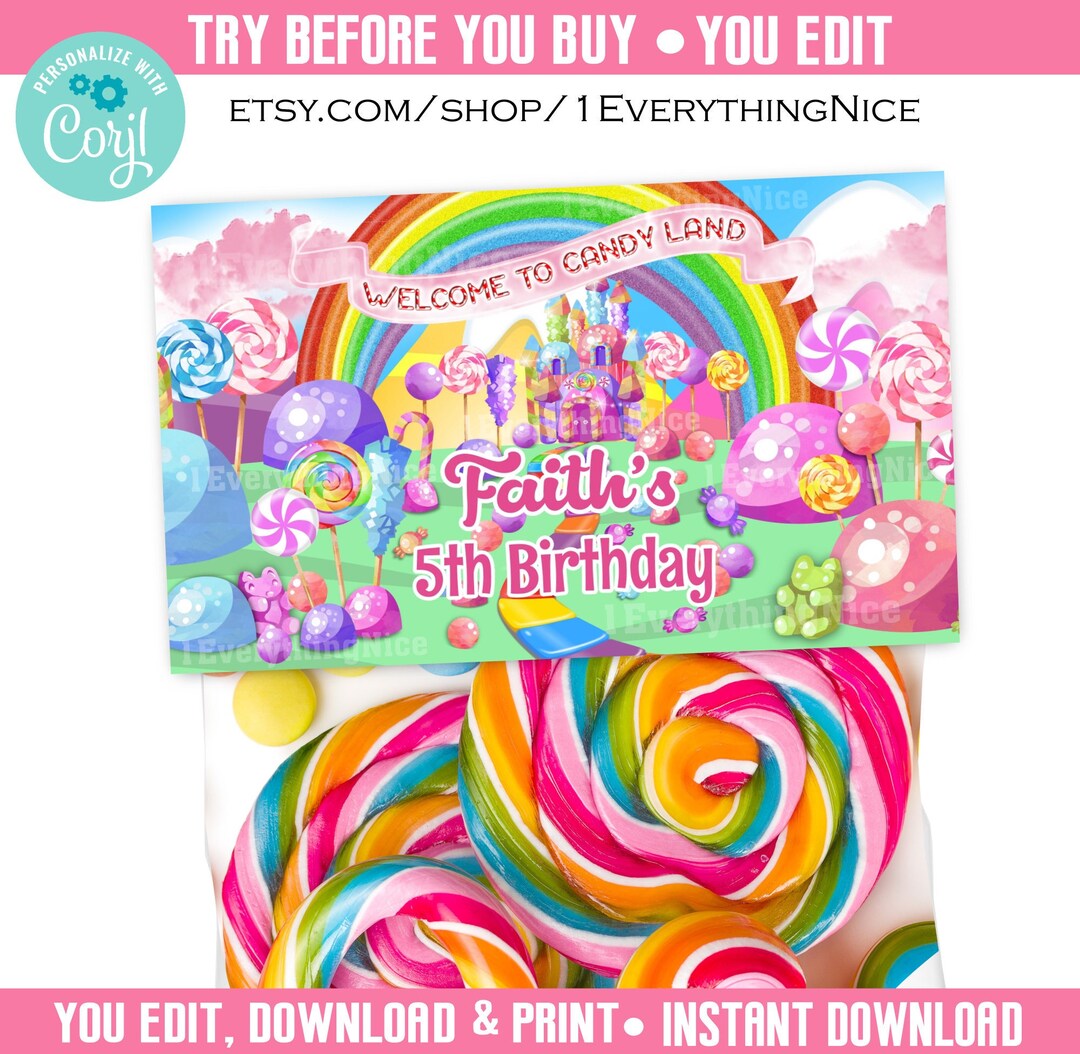 Candy Land Candyland Candies Bright Birthday 5x3 Treat Bag Topper ...