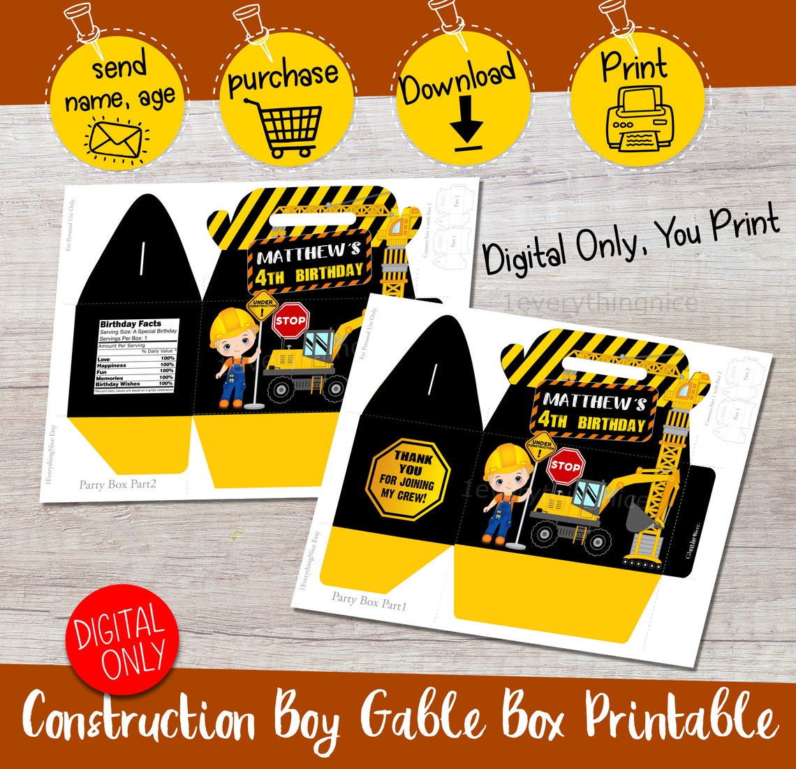 DIGITAL DOWNLOAD Construction Boy Theme Gable Box Favor Box | Etsy