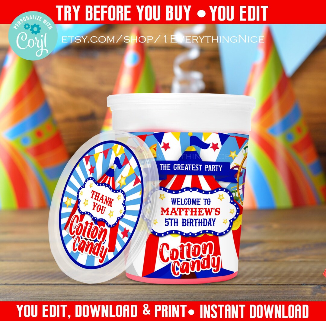 2oz Cotton Candy Tub Label Carnival Circus Birthday Party Labels ...