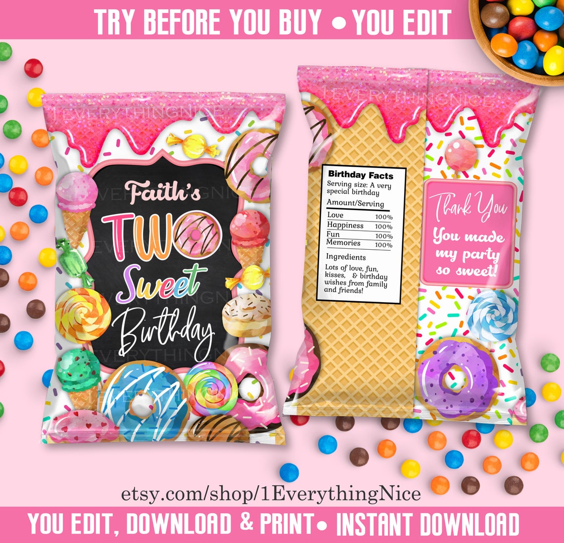 Editable DIGITAL DOWNLOAD Pink Two Sweet Sweets Donuts Ice - Etsy