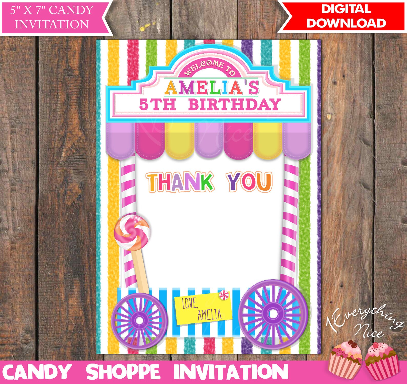 Candy Sweet Shoppe Theme Birthday Invitation With Backside and | Etsy