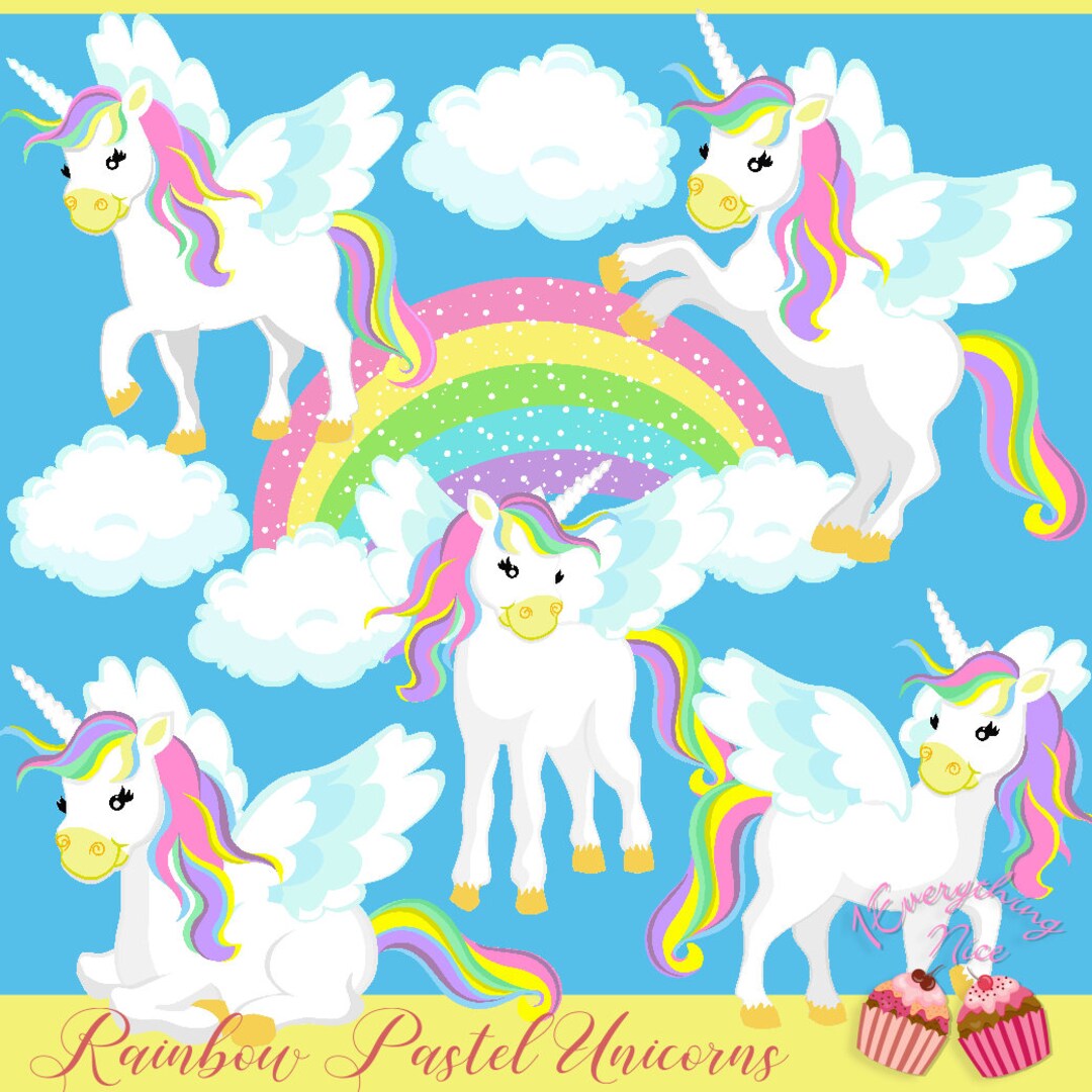 Rainbow Pastel Unicorns Clipart Set - Etsy