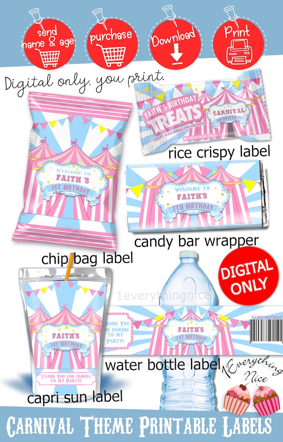 Pink Circus Carnival Theme Birthday Digital Printables Labels ...