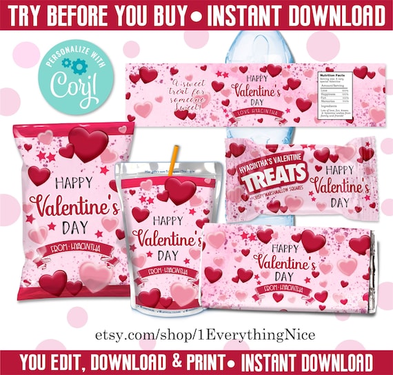 Editable DIGITAL DOWNLOAD Valentine Valentine Theme Favors Treats ...