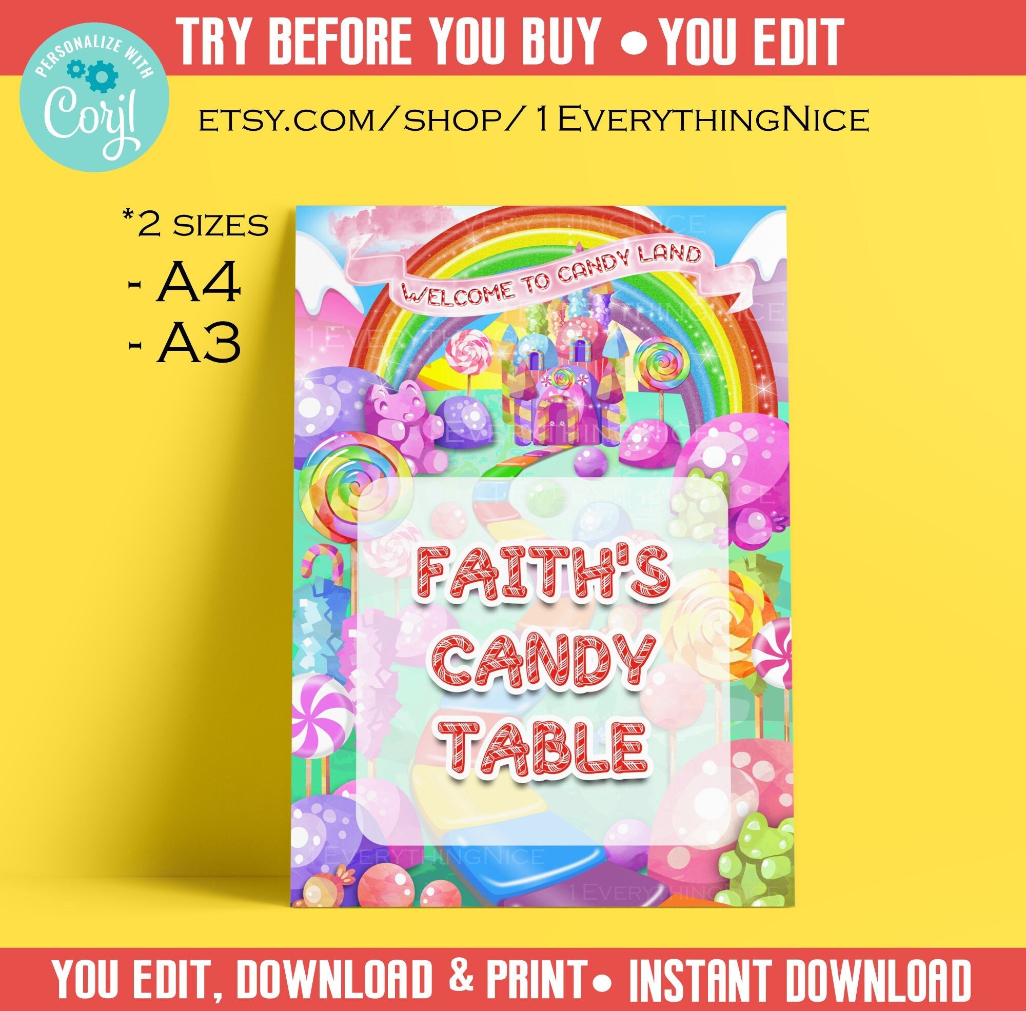 Candy Land Theme Editable A4 and A3 Table Favor Sign Instant DIGITAL ...
