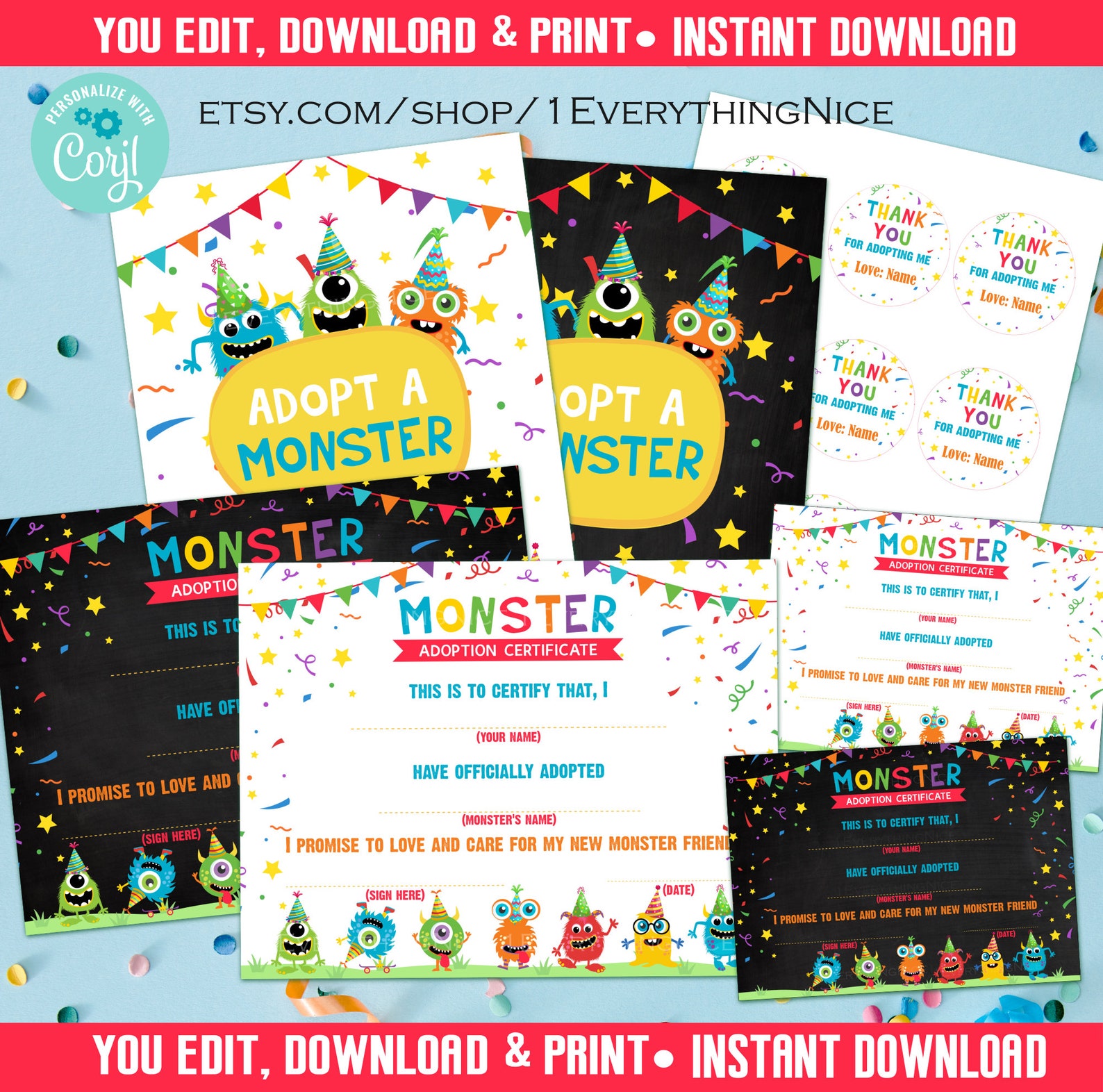 Monsters Adoption Certificate Cute Monster Bash Editable - Etsy