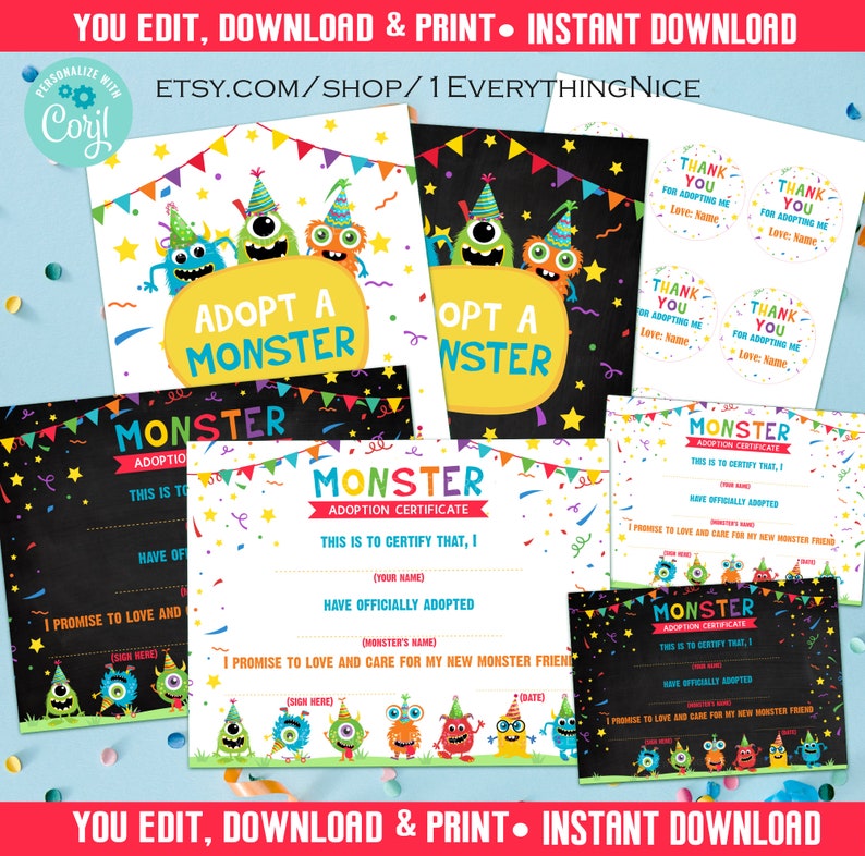 Monsters Adoption Certificate Cute Monster Bash Editable - Etsy