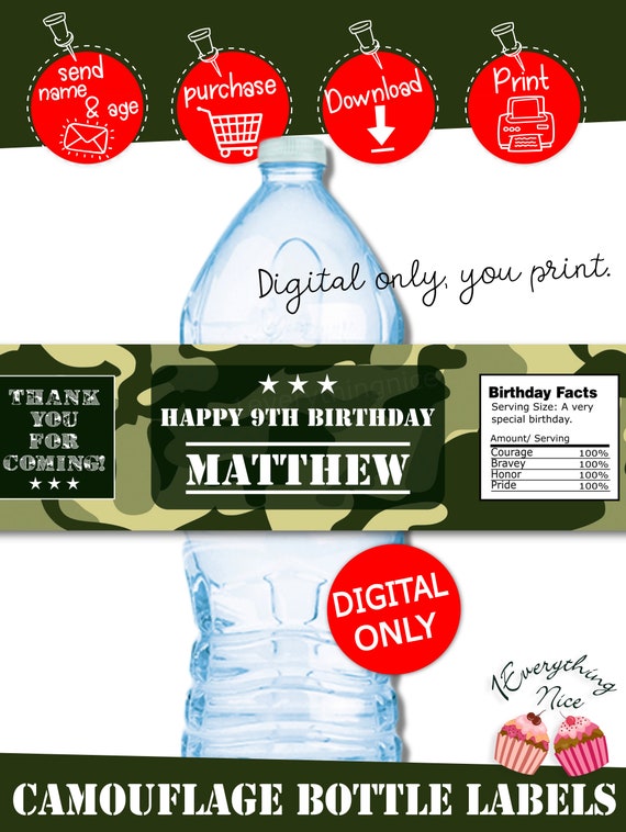 DIGITAL DOWNLOAD Camouflage Army Soldier Theme Water Bottle Labels ...