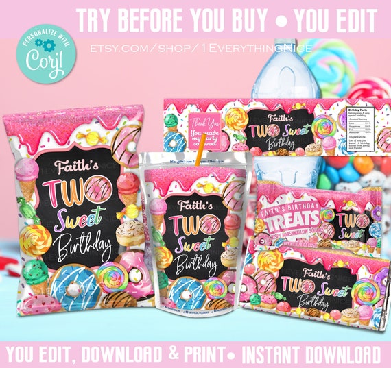 Editable DIGITAL DOWNLOAD Pink Two Sweet Sweets Donuts Ice Cream ...