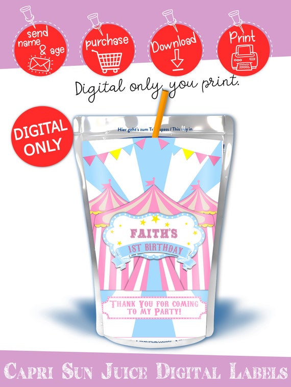 DIGITAL DOWNLOAD Pink Carnival Birthday Capri Sun Juice Labels Digital ...