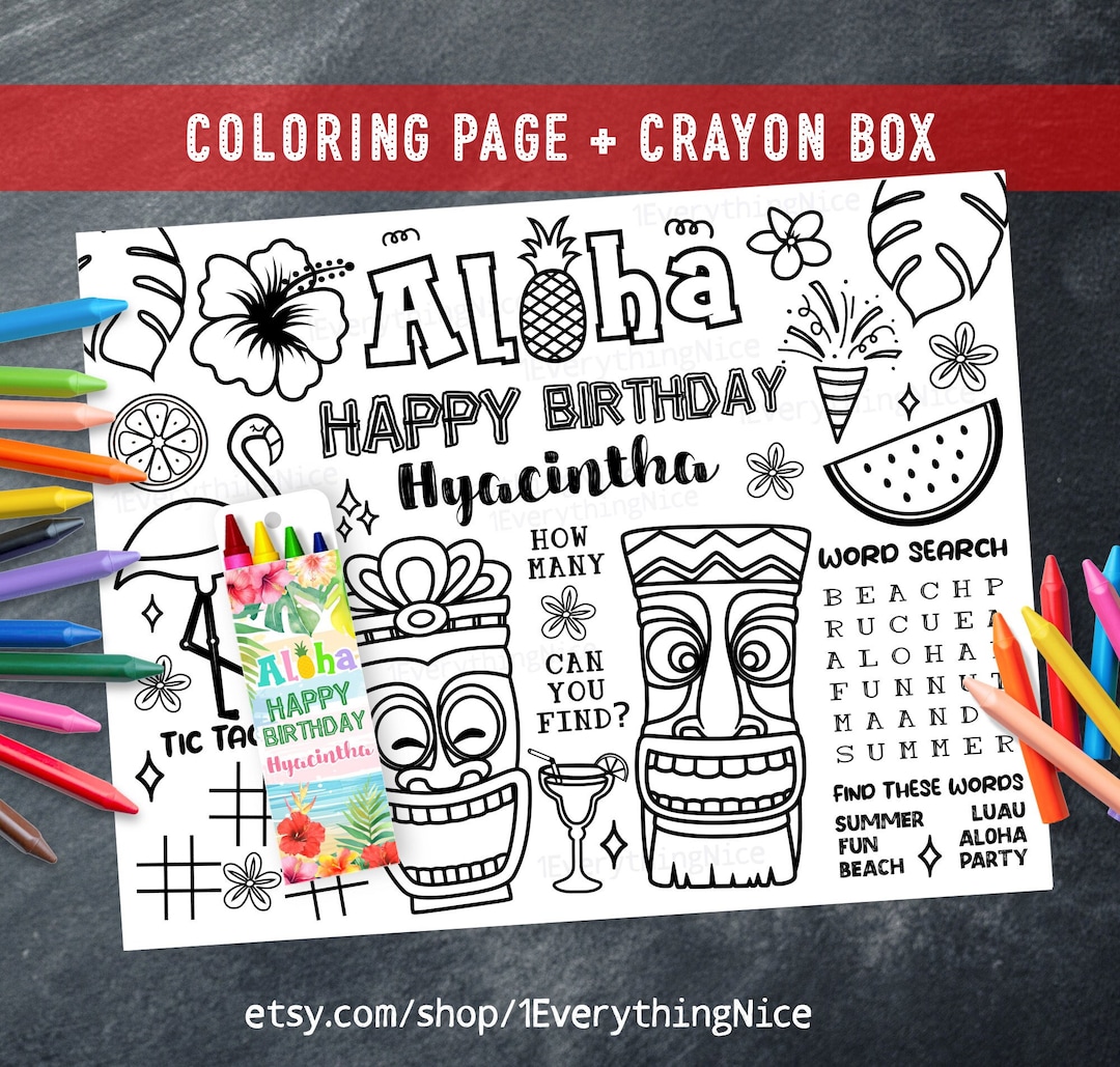 Summer Aloha Birthday Party Coloring Placemat Activity Sheet Page 4pcs ...