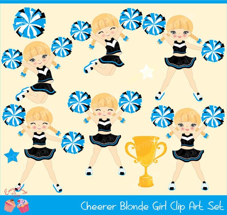 Cheerer Blonde in Black and Cardinal Blue Clipart Set - Etsy