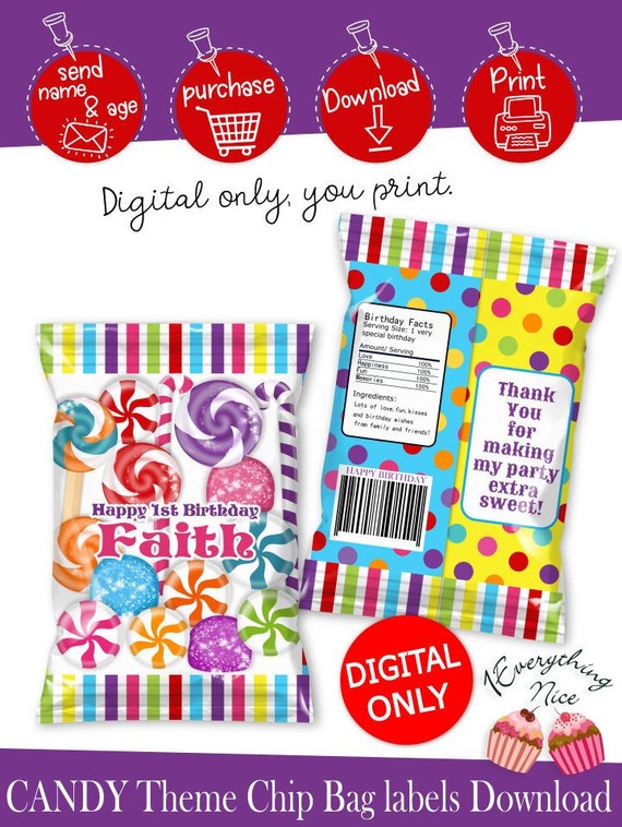 DIGITAL DOWNLOAD Candy Theme Chip Bag Labels Printable Digital Download ...