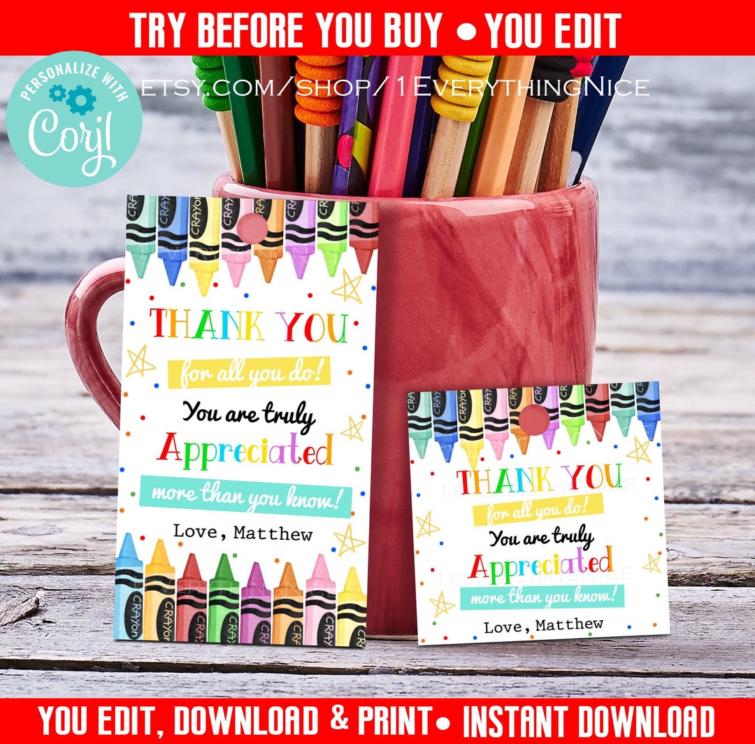 Editable Printable 2x3.5 & 2x2 Teacher Appreciation Note Tags Instant ...