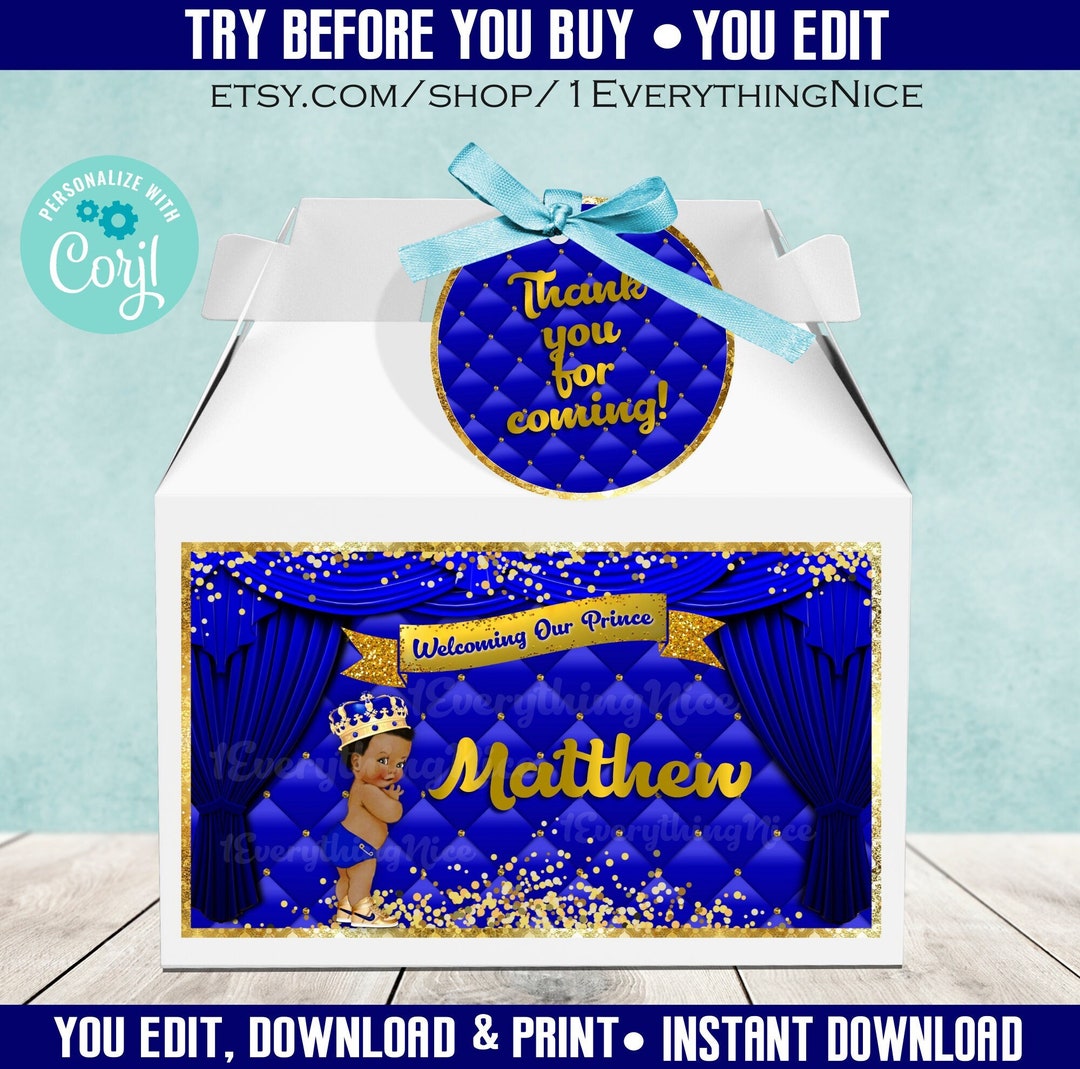 Royal Blue Gold Prince Baby Shower Theme Gift Favor Gable Box Label ...