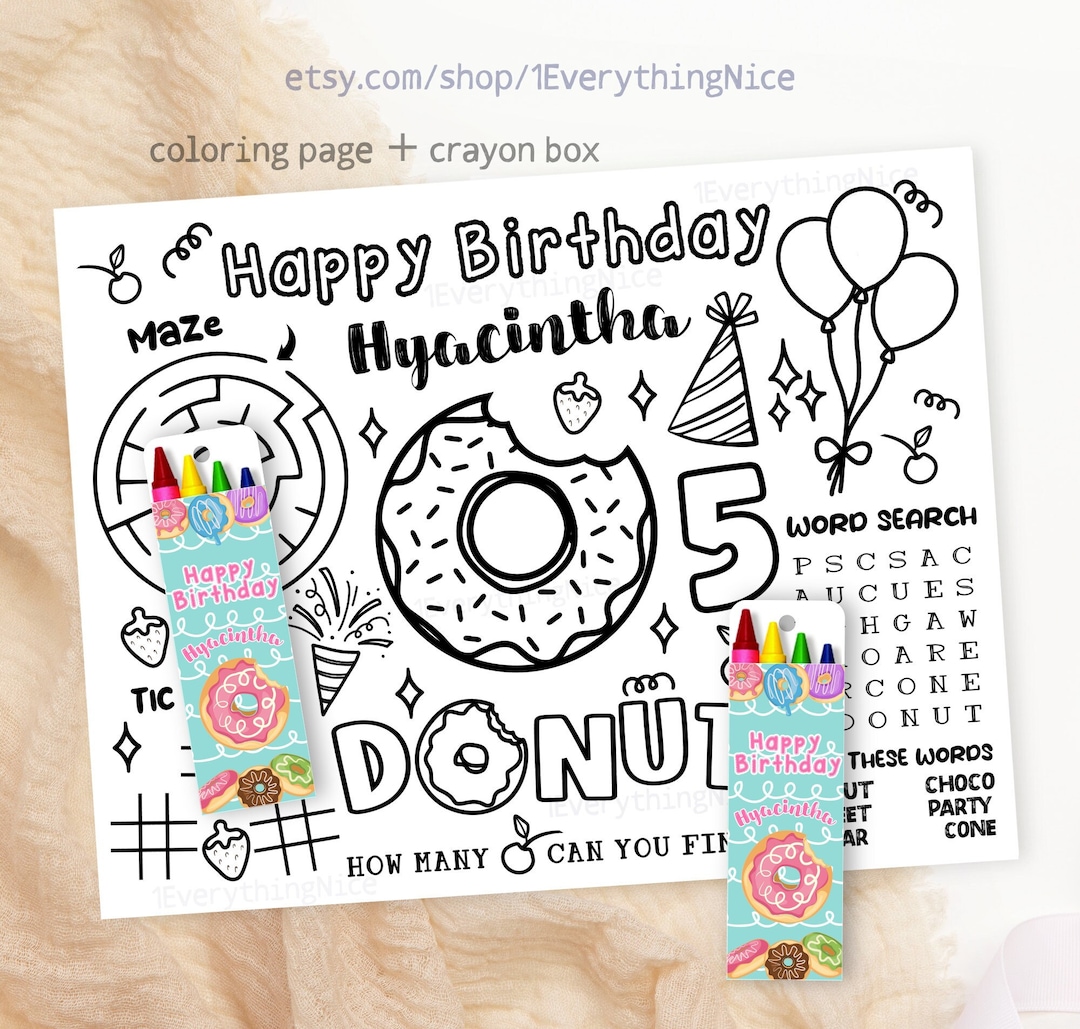 Donut Donuts Birthday Party Coloring Placemat, Activity Sheet Page With ...