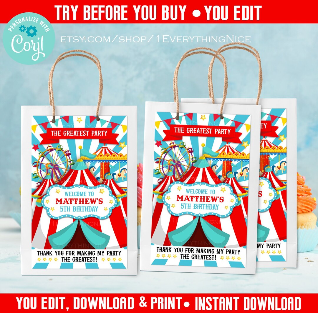 Carnival Circus 5" X 8" Gift Paper Bag Label Editable Template Instant ...