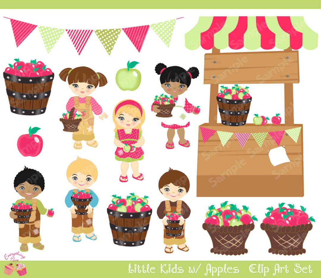 Little Kids With Apples Clipart Set - Etsy
