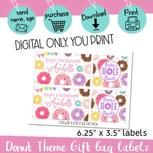 DIGITAL DOWNLOAD Donut Donuts Theme Birthday Gable Gift Box Bag Labels ...