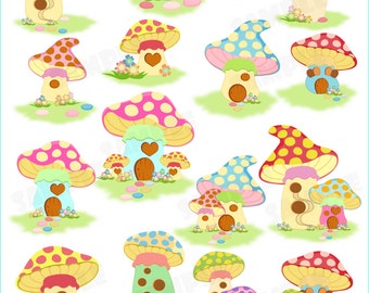 Cute Fairy Tail Mushroom Houses Clip Art, Sun, Cloud, Flowers ...