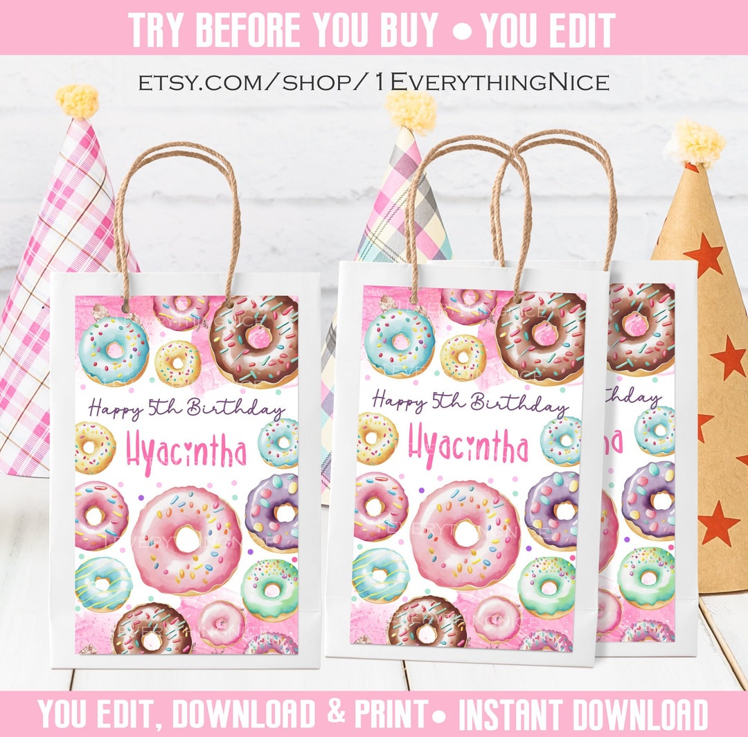 Editable Instant DOWNLOAD Donut Donuts Birthday 5x8 Favor Gift Paper ...