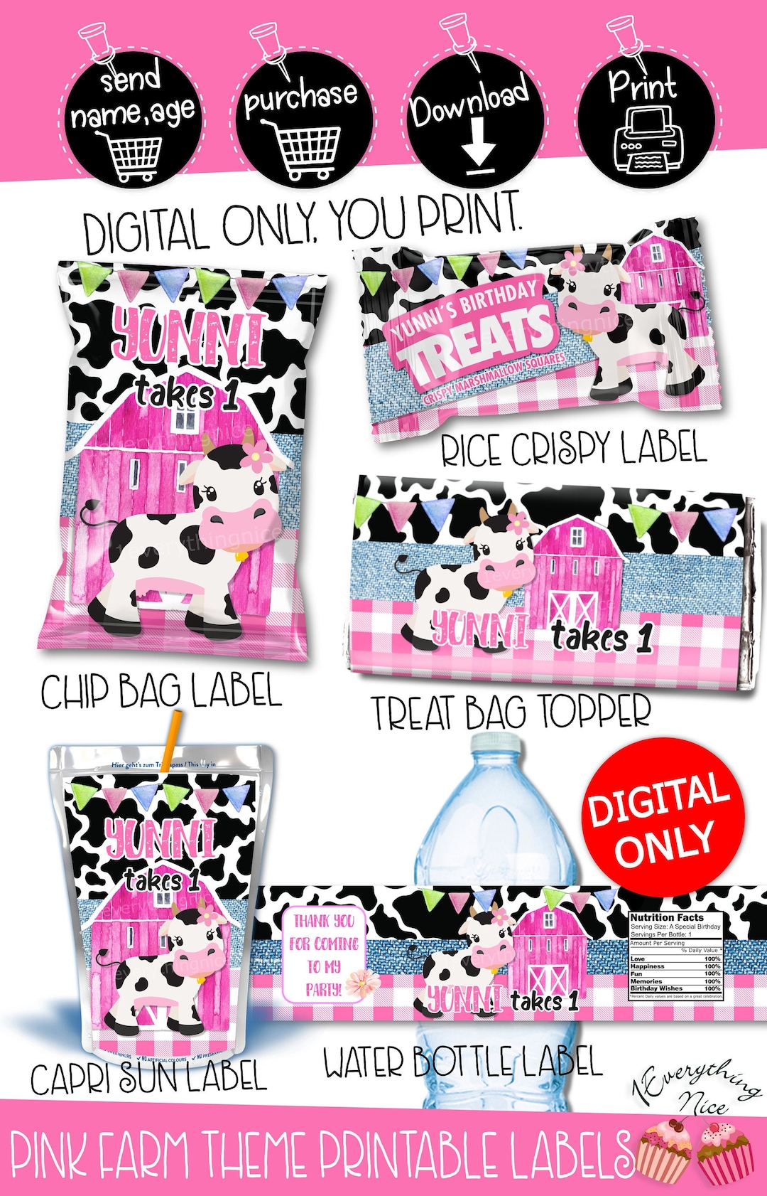DIGITAL DOWNLOAD Pink Cow Farm Girl Theme Birthday Printables Labels ...