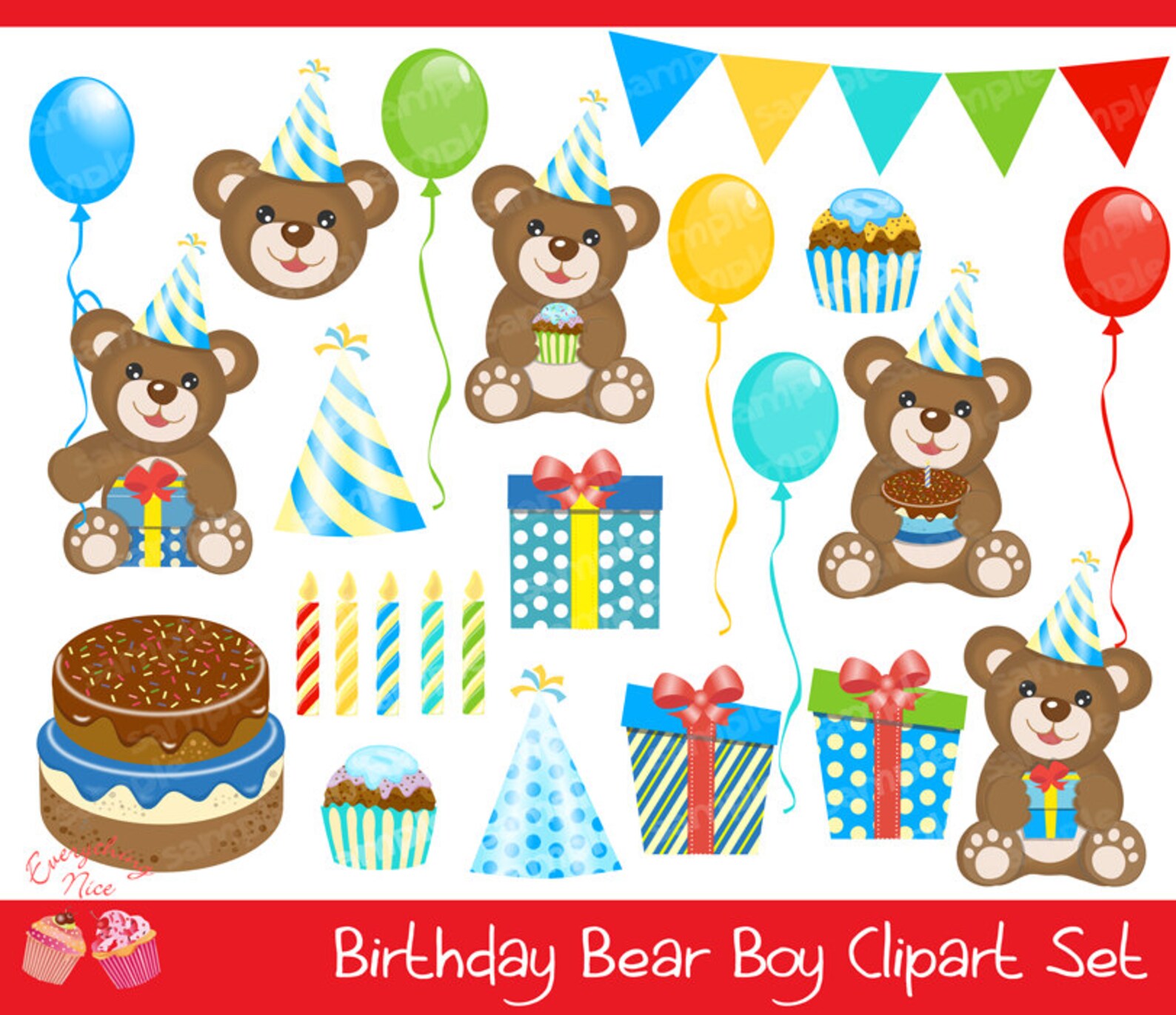 Birthday Bear Boy Clipart Set - Etsy