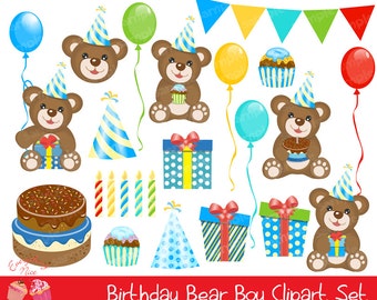 Birthday Bear Boy Clipart Set - Etsy