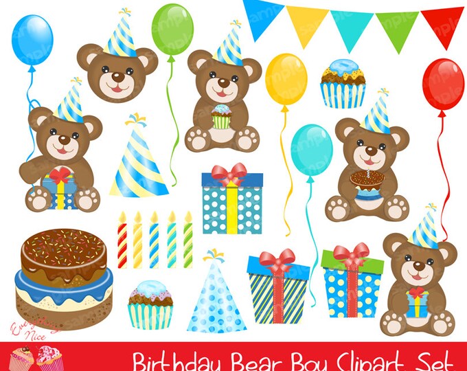 Birthday Bear Boy Clipart Set - Etsy
