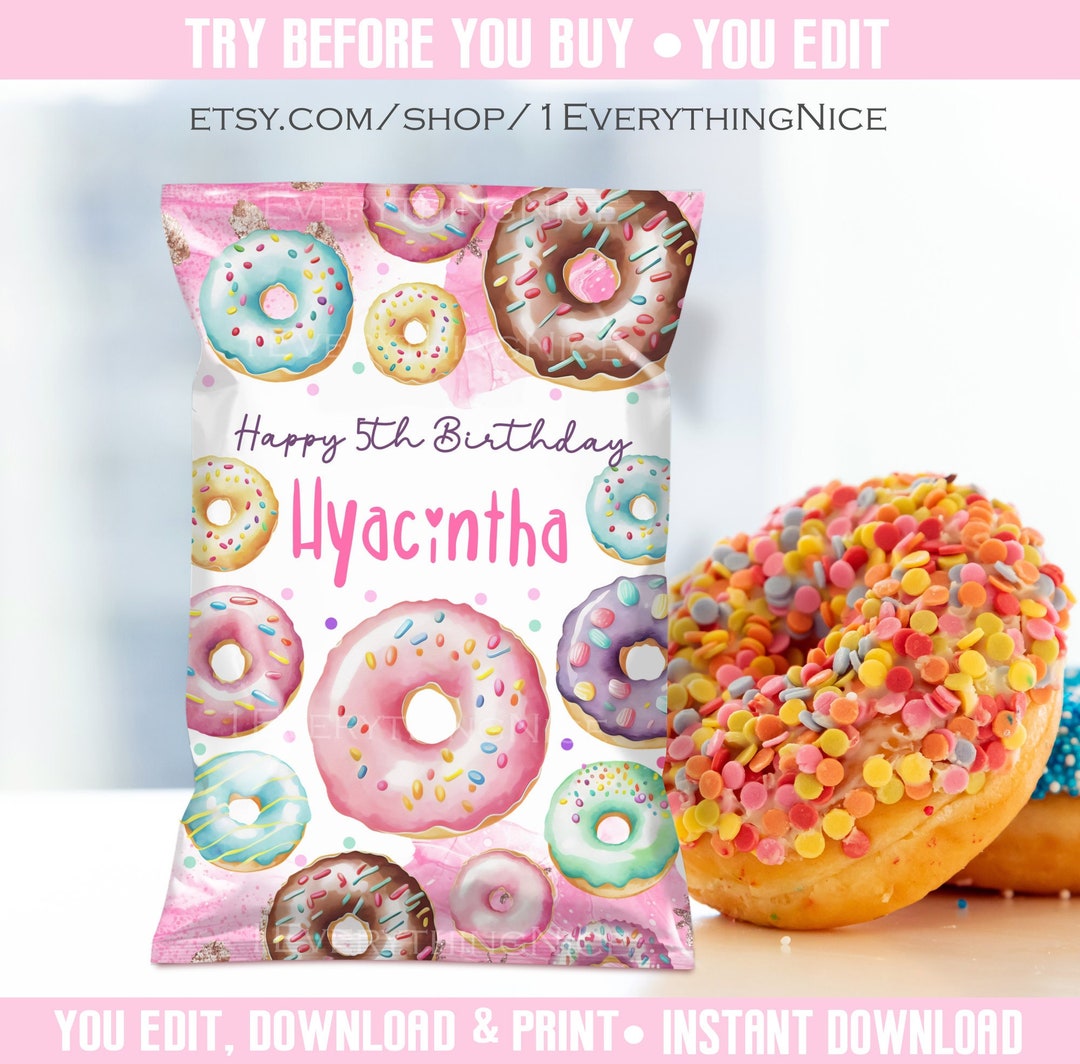 Editable Instant DOWNLOAD Donut Donuts Theme Potato Chip Bag Wrapper Birthday DIGITAL Printable ...