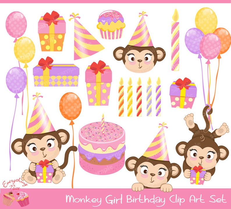 Monkey Girl Birthday Clipart Set | Etsy