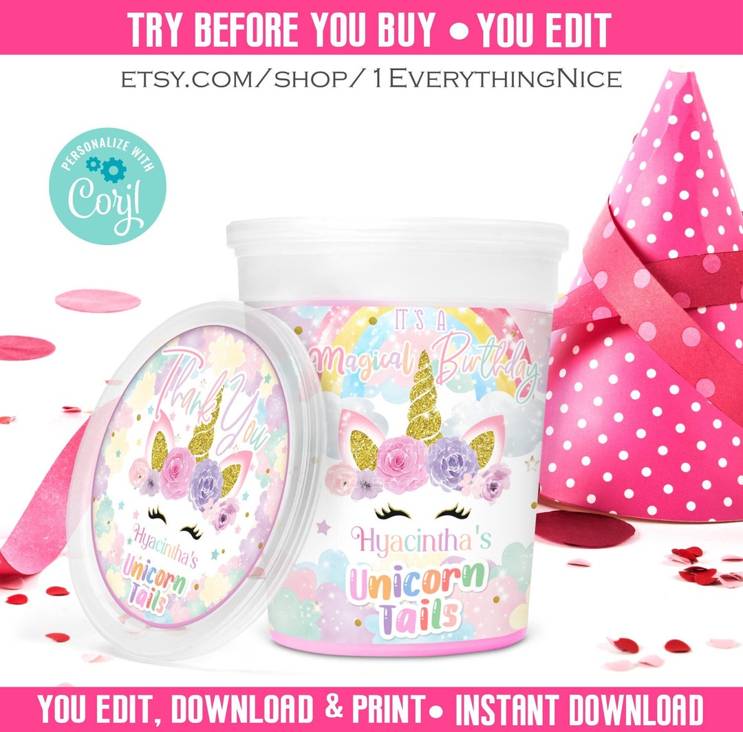 Magical Unicorn Pastel Theme 2oz Cotton Candy Tub Label Unicorn Tails ...