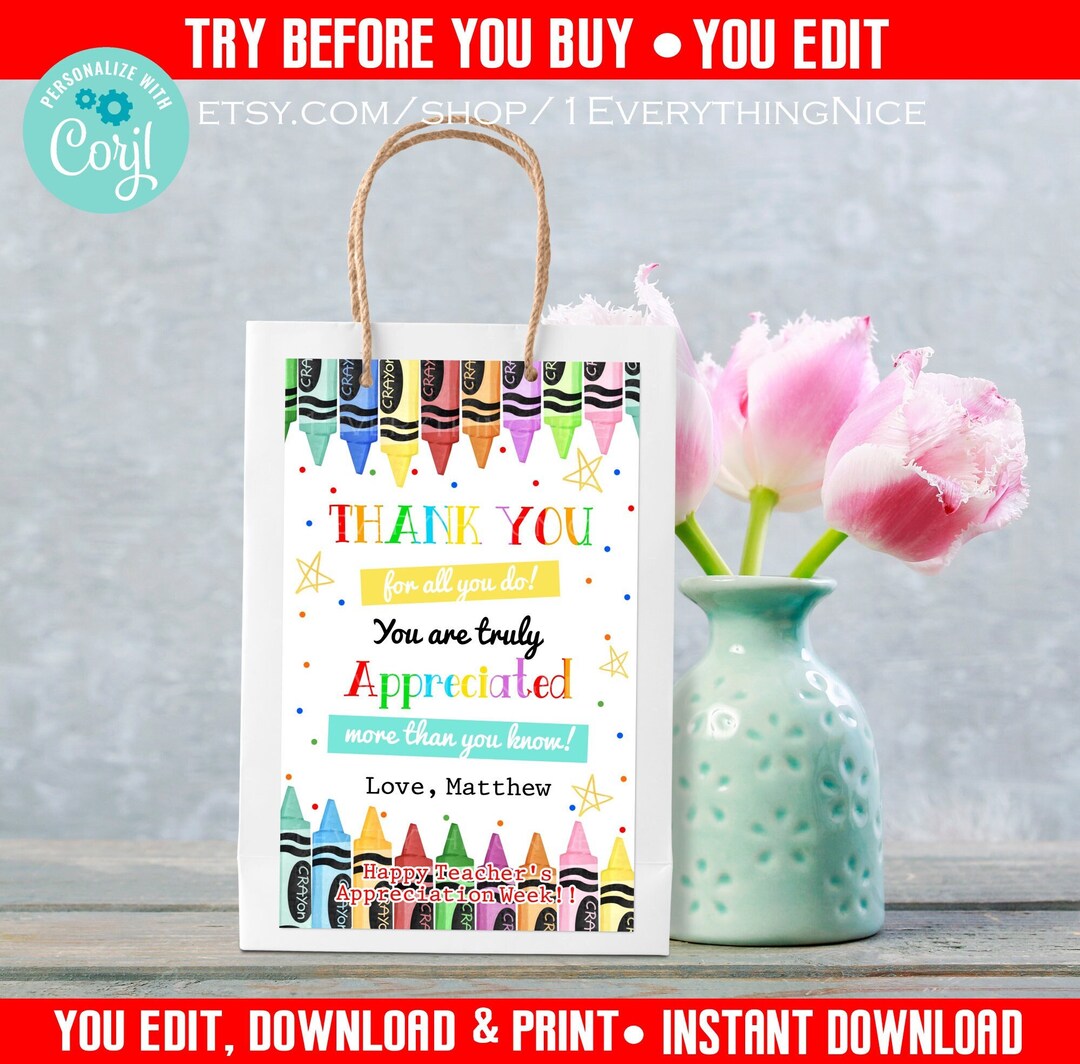 Editable Teachers Appreciation Week Gift Party Paper Bag Label Instant ...