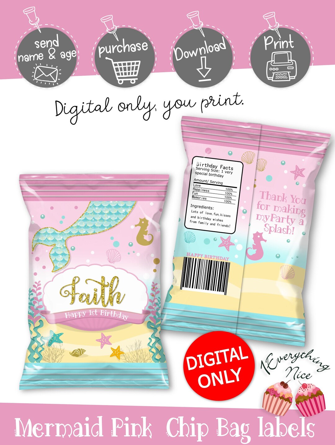 DIGITAL DOWNLOAD Mermaid Pink Chip Bag Labels Printable Digital ...