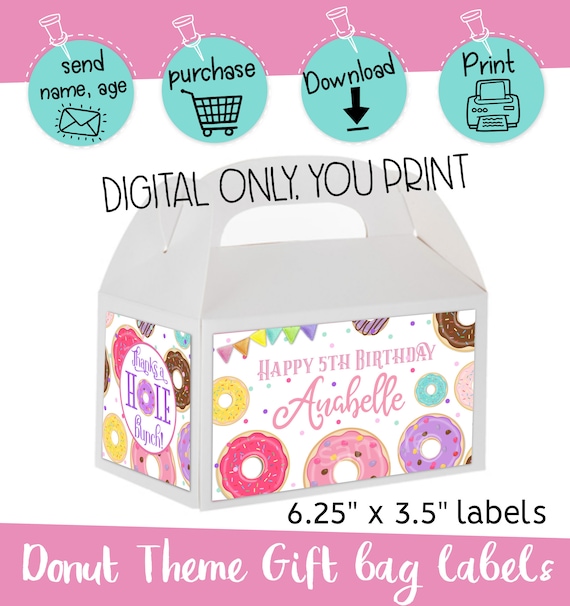 DIGITAL DOWNLOAD Donut Donuts Theme Birthday Gable Gift Box Bag Labels ...