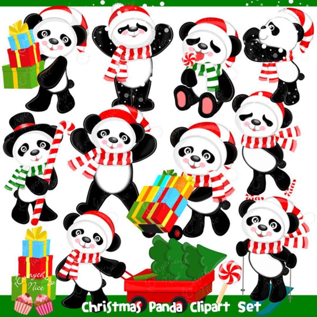 Christmas Happy Jolly Panda Pandas Graphic Illustration Clipart Set - Etsy