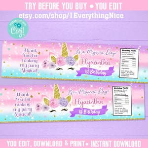 Magical Unicorn Theme Birthday Party Favors Wrappers and Labels Bundle ...