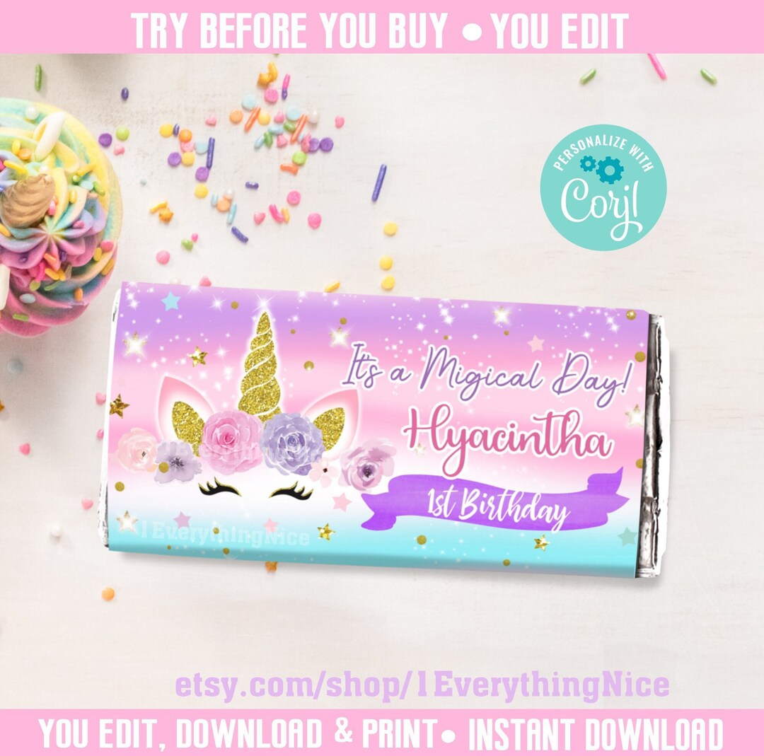 Magical Unicorn Birthday Party Theme Candy Chocolate Bar Wrapper Label ...