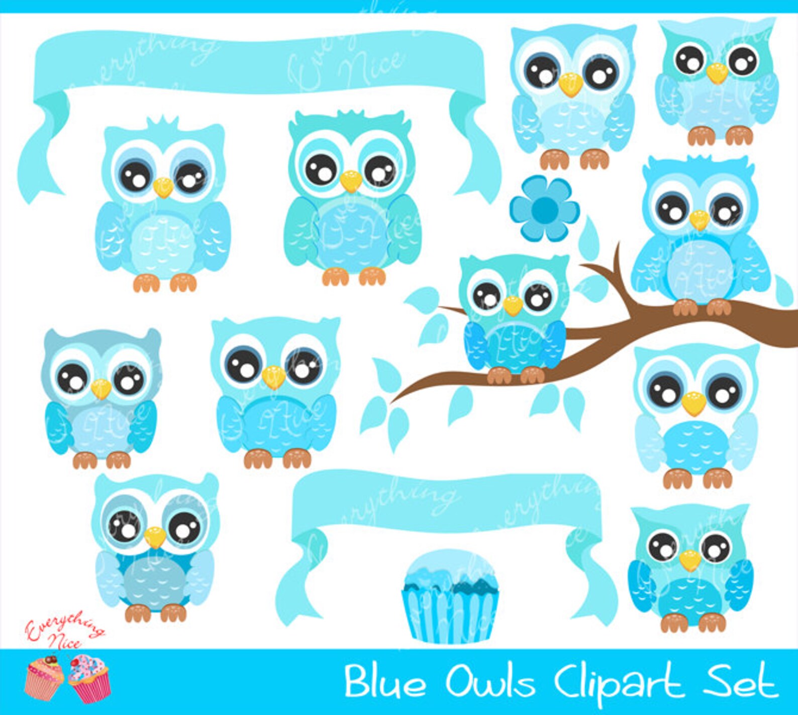 Cute Blue Owls Clipart Set - Etsy