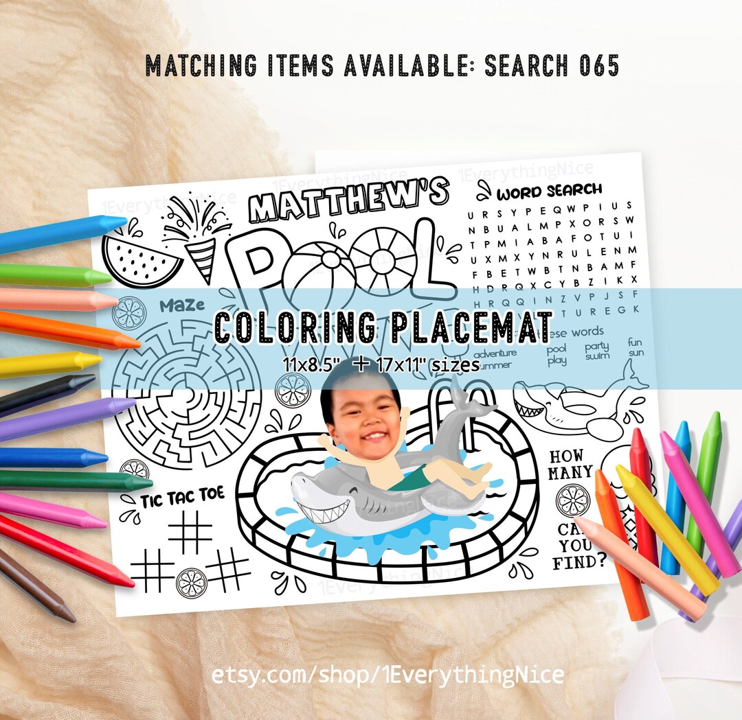 Pool Party Summer Birthday Bash Coloring Placemat Activity Sheet Page ...