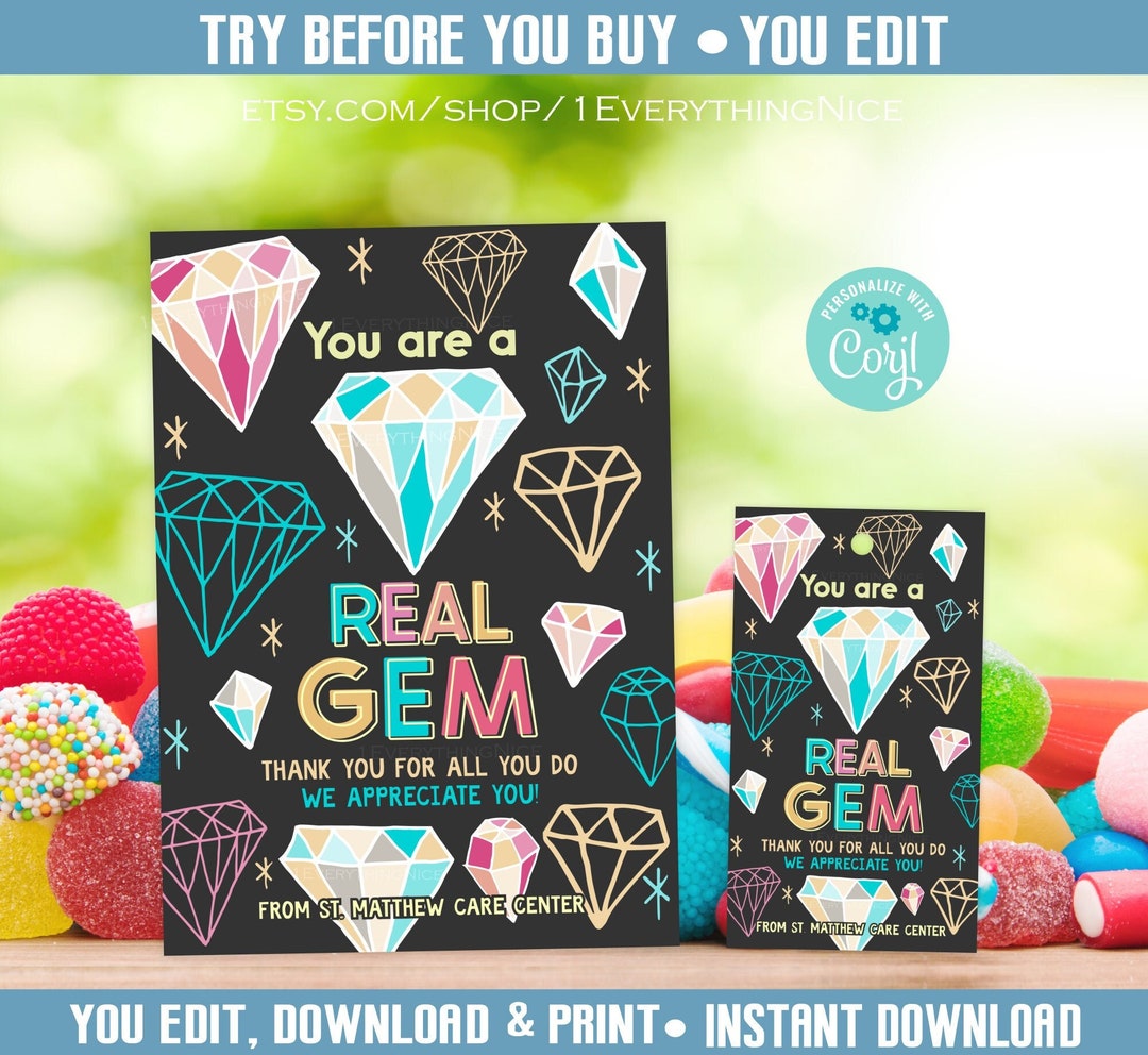 You Are A Real Gem Appreciation 5x7 Card & Tag | School Teachers Staff ...