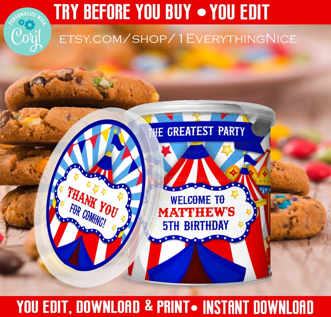 Instant Download Carnival Circus Potato Chips Can Label Editable ...