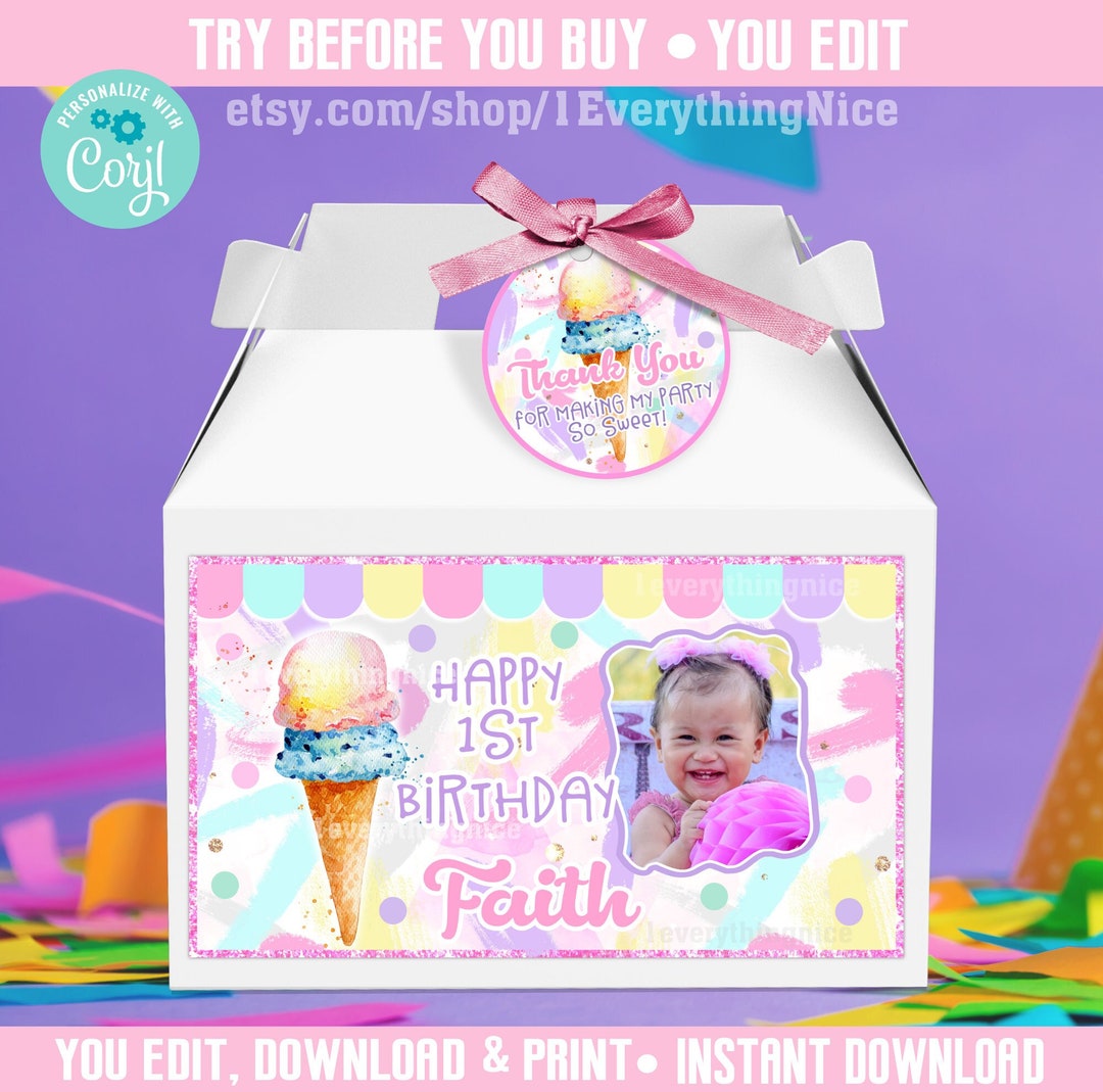 Ice Cream Pastel Theme Birthday Party Gift Gable Box Label | Instant ...