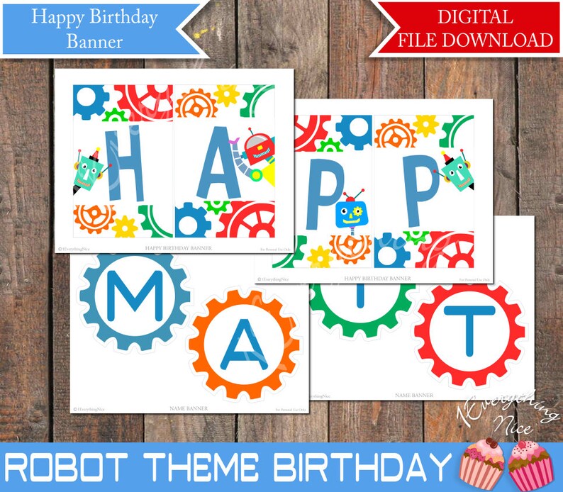 Robot Theme Happy Birthday Bot-day Banner With Name Printable - Etsy