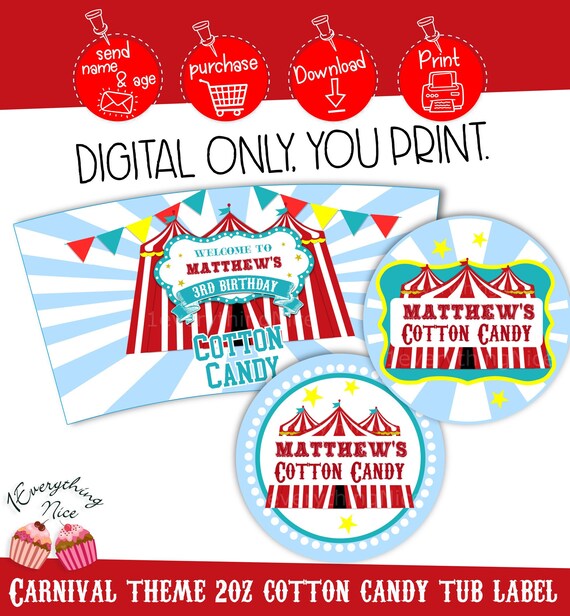 DIGITAL DOWNLOAD Carnival Circus Theme 2oz Cotton Candy Tub Labels ...