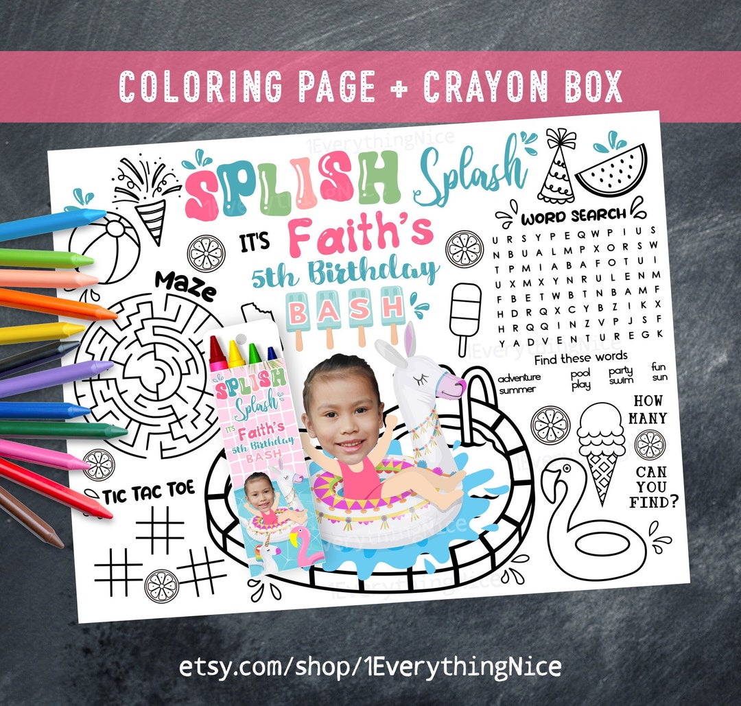 Splish Splash It's A Birthday Bash Girl Pink Coloring Placemat Activity ...