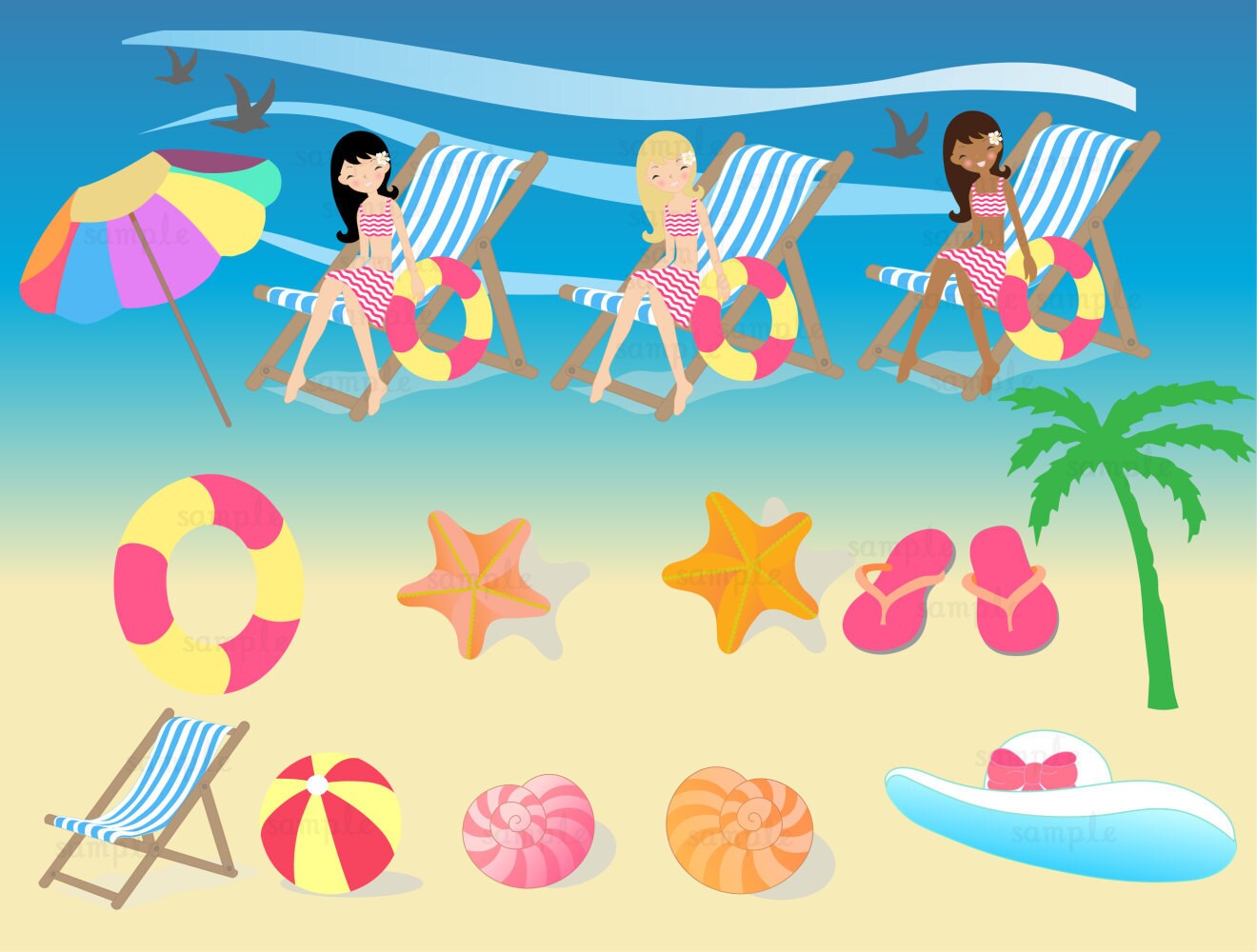 Summer Beach Girl Clip Art Set | Etsy