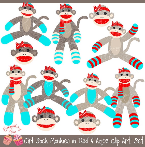 Girl Sock Monkeys in Red and Aqua Clipart Set by 1Everything Nice ...